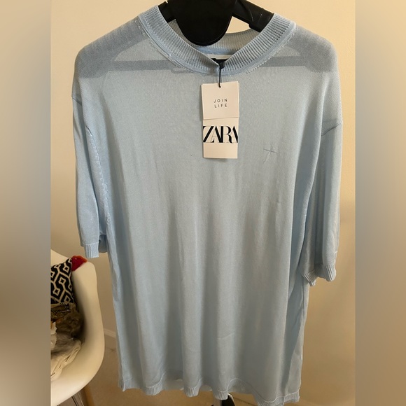 Zara | Tops | Nwt Zara Sheer Light Blue Tunic Knit Short Sleeve Sz S ...
